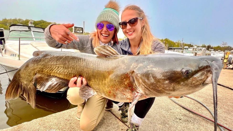 Two Girls Catch this HUGE Catfish Under the Dock!